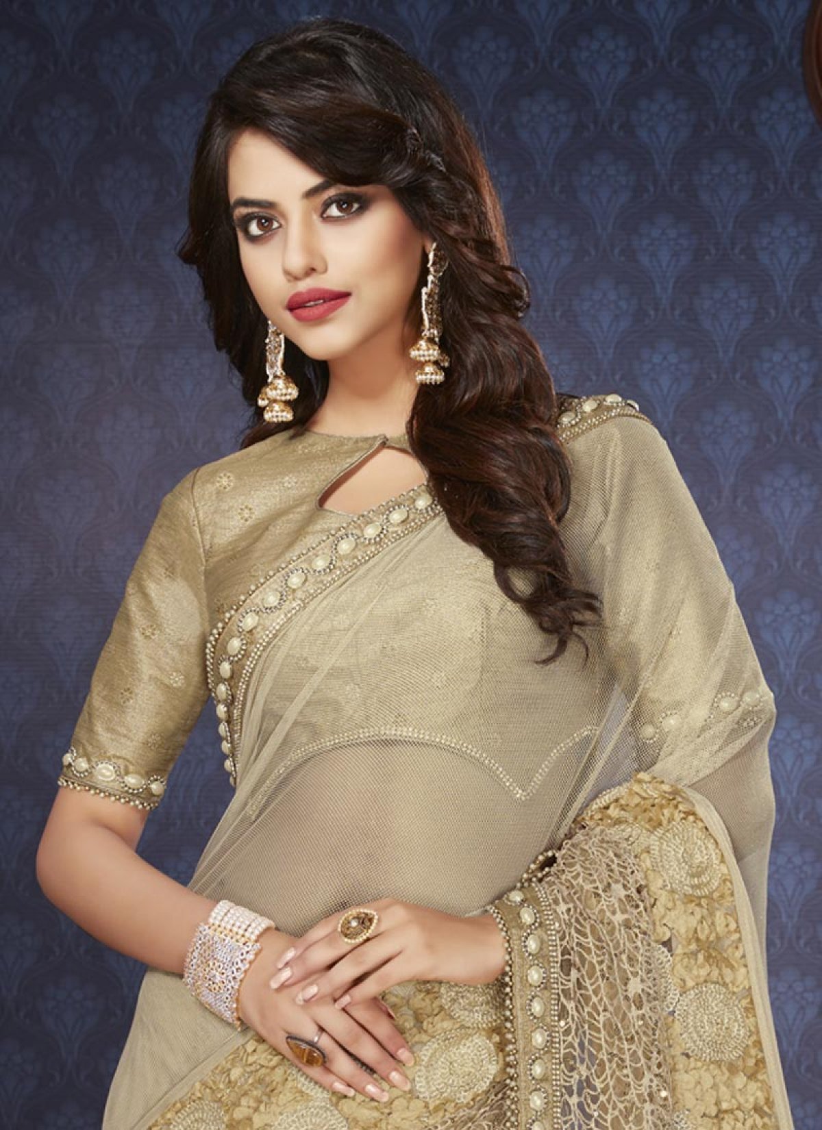 Buy Net Beads Work Traditional Saree Online