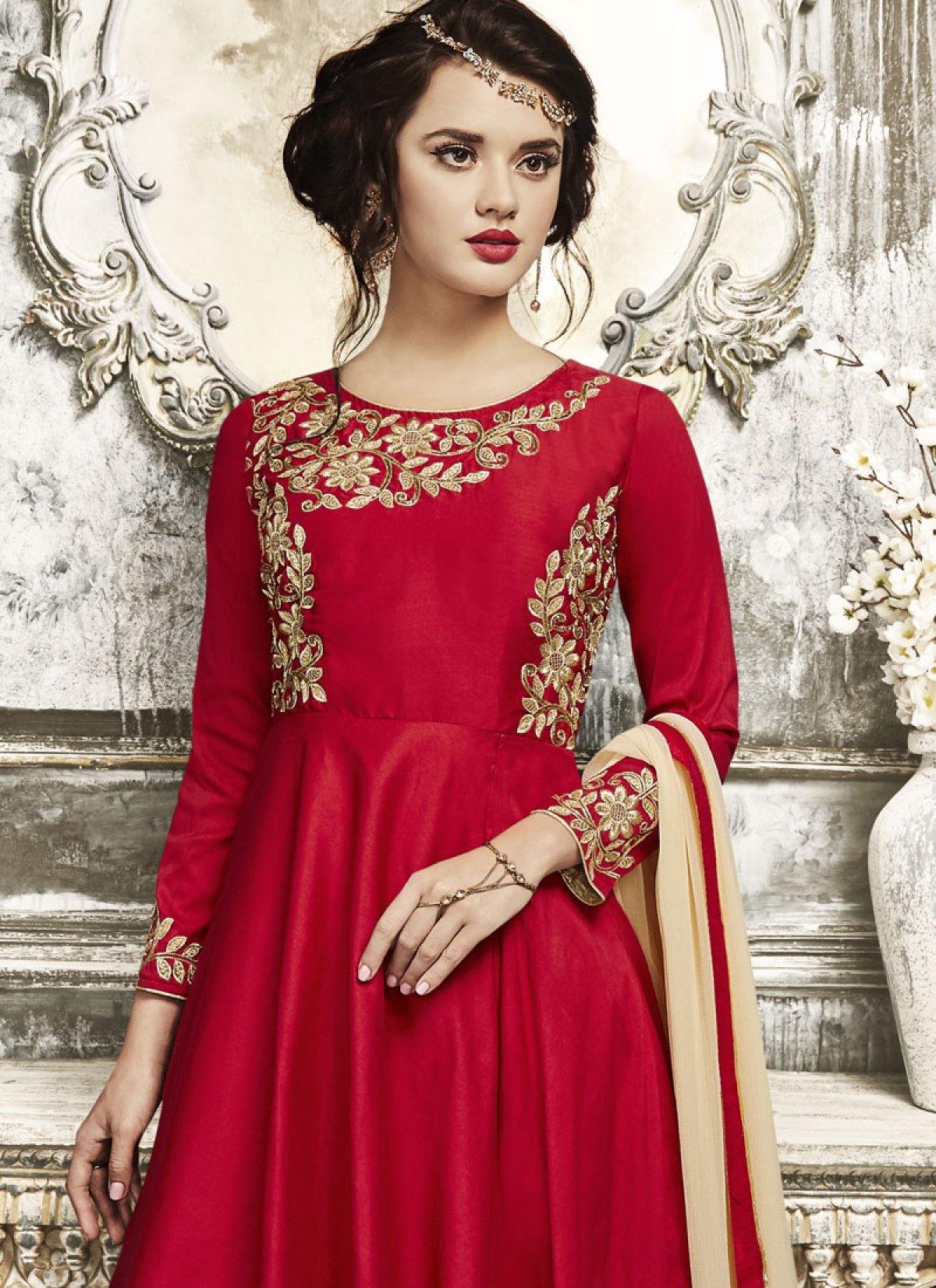 Buy Specialised Cutdana Work Net Cream and Red Designer Kameez Style ...