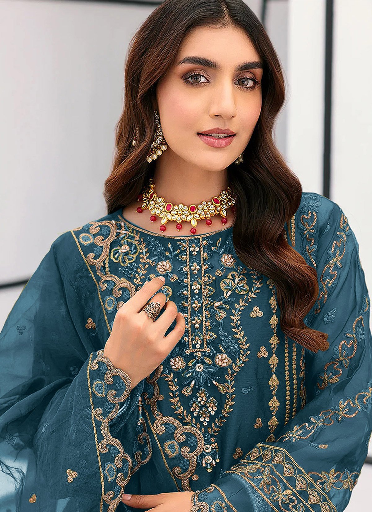 Buy Embroidered Work Organza Pakistani Suit in Teal for Women Online