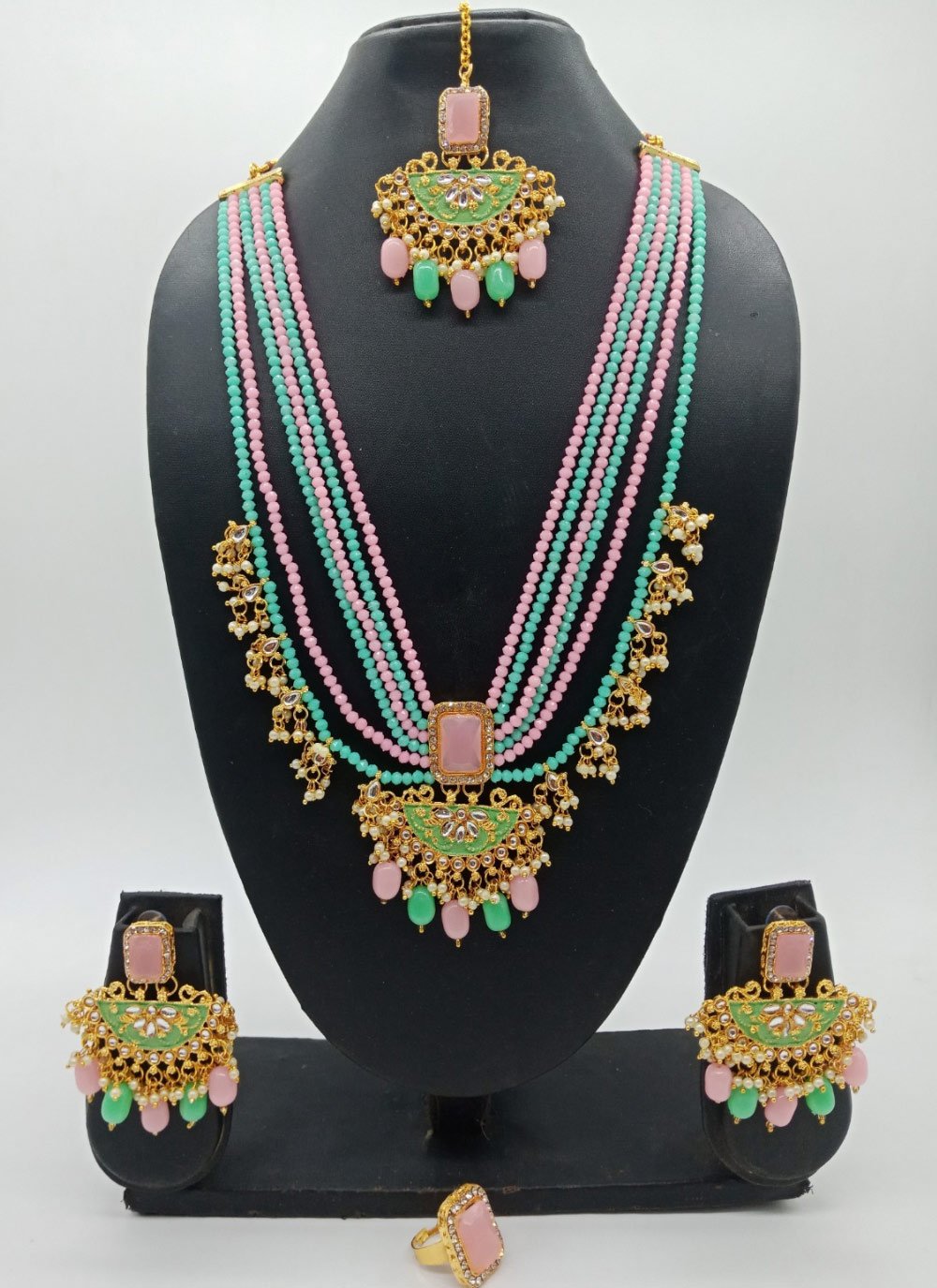 Buy Praiseworthy Diamond Work Pink and Sea Green Gold Rodium Polish ...