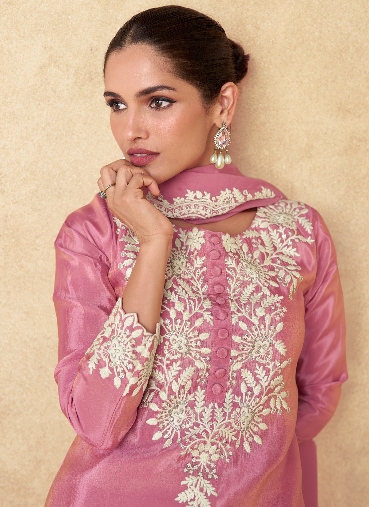 Buy Shimmer Sharara Suit with Embroidered Work for Festival in Pink Online