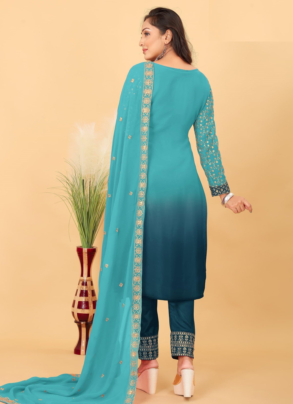 Buy Embroidered Work Georgette Straight Suit in Firozi and Teal for ...