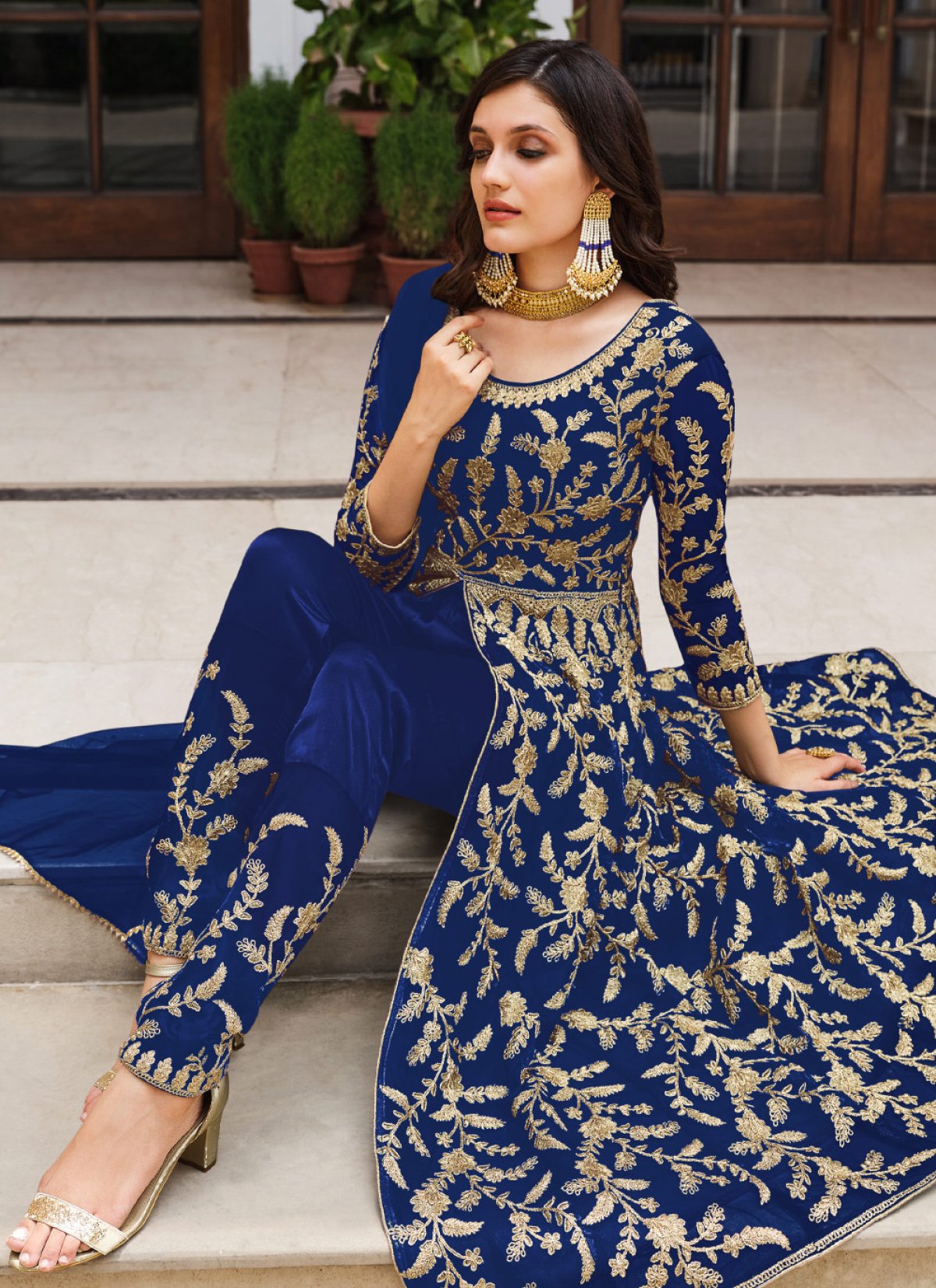 Buy Net Embroidered Work Pant Style Designer Salwar Suit Online