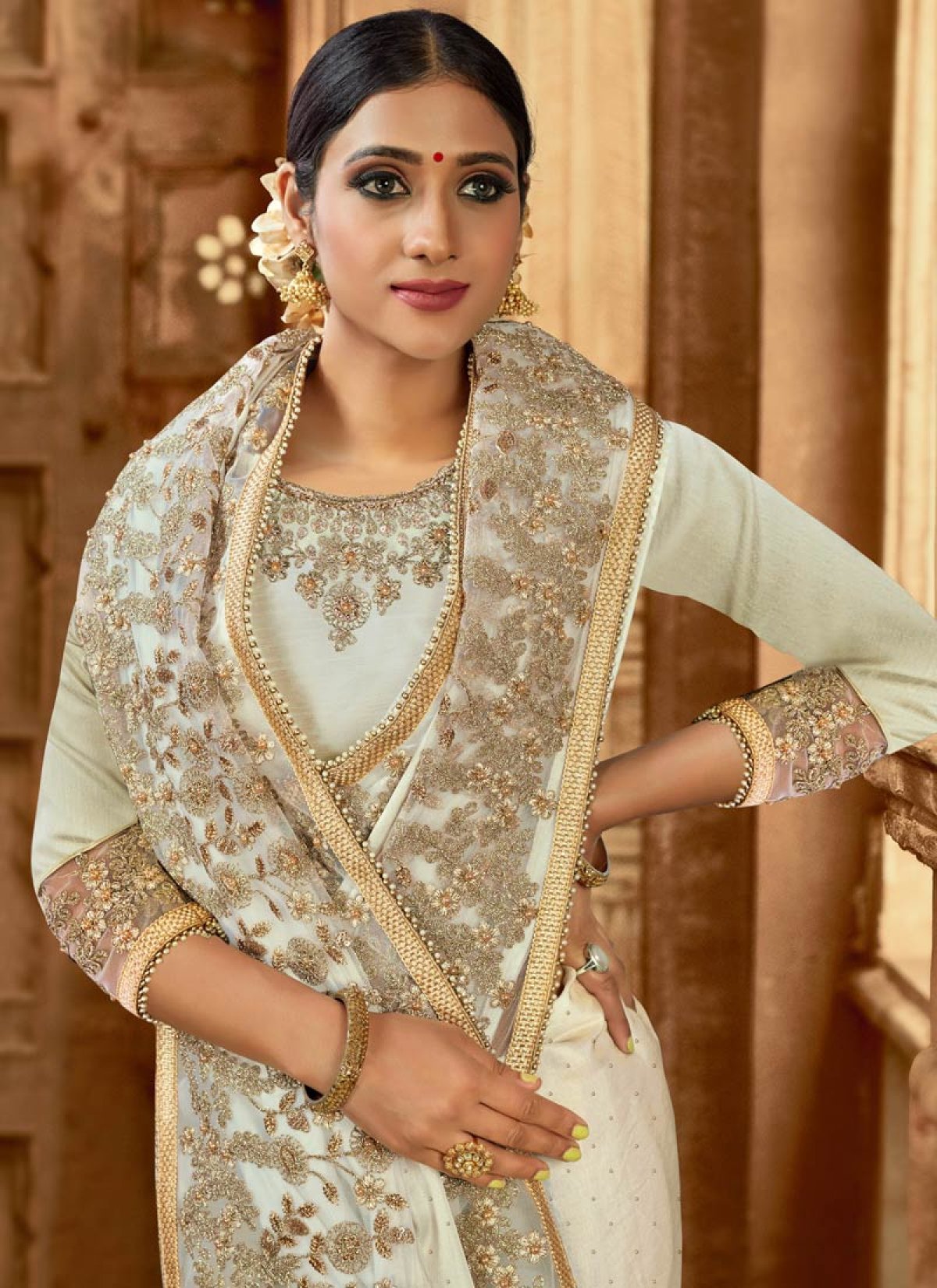 Buy Beads Work Net Trendy Classic Saree Online