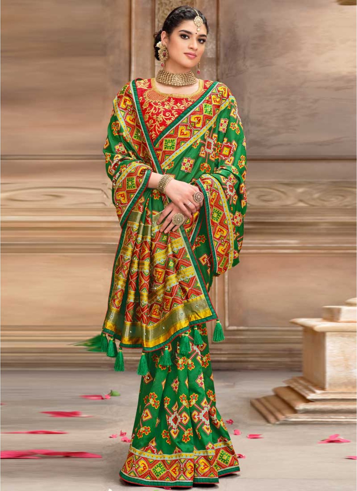 Buy Green and Red Cutdana Work Designer Traditional Saree Online