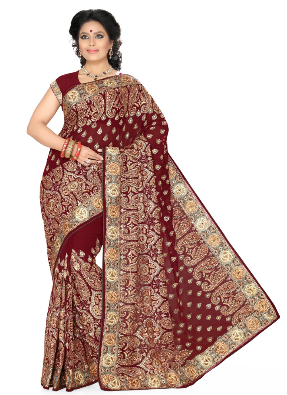 Aesthetic Sequins And Booti Work Wedding Saree