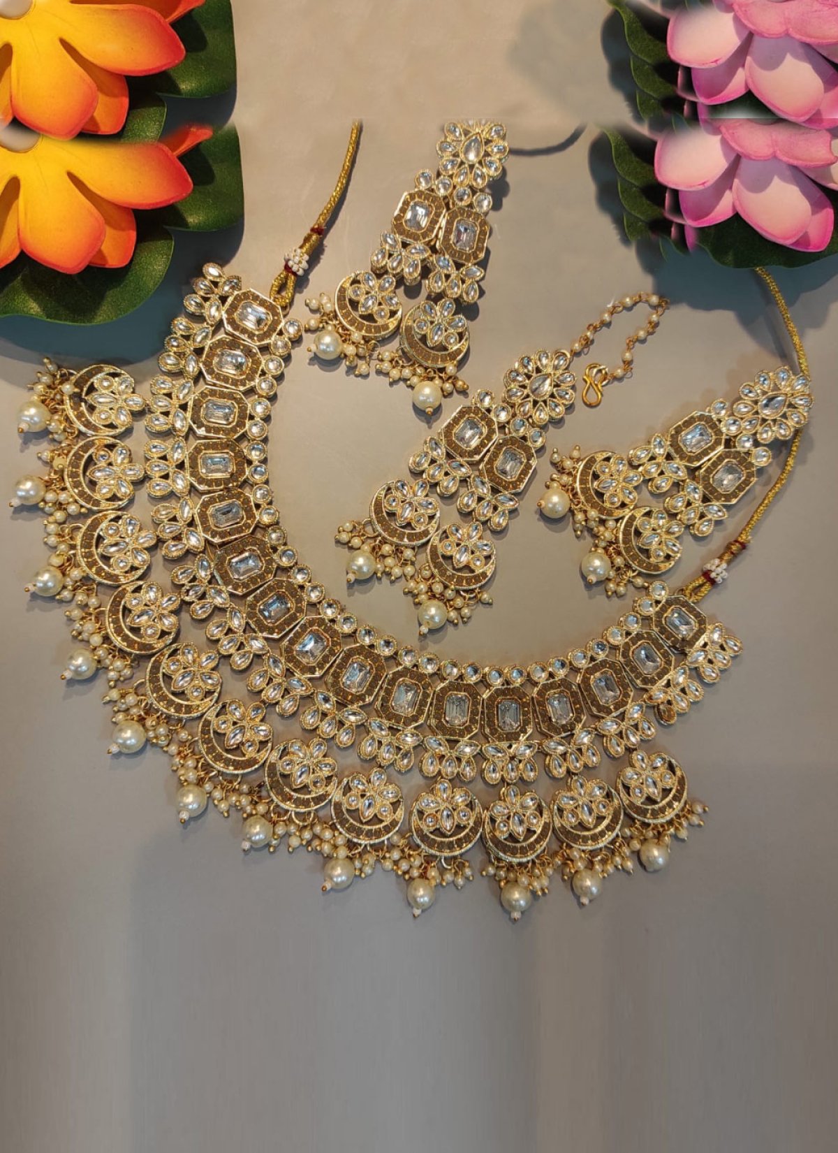 Buy Amazing Gold Rodium Polish Gold and White Necklace Set Online