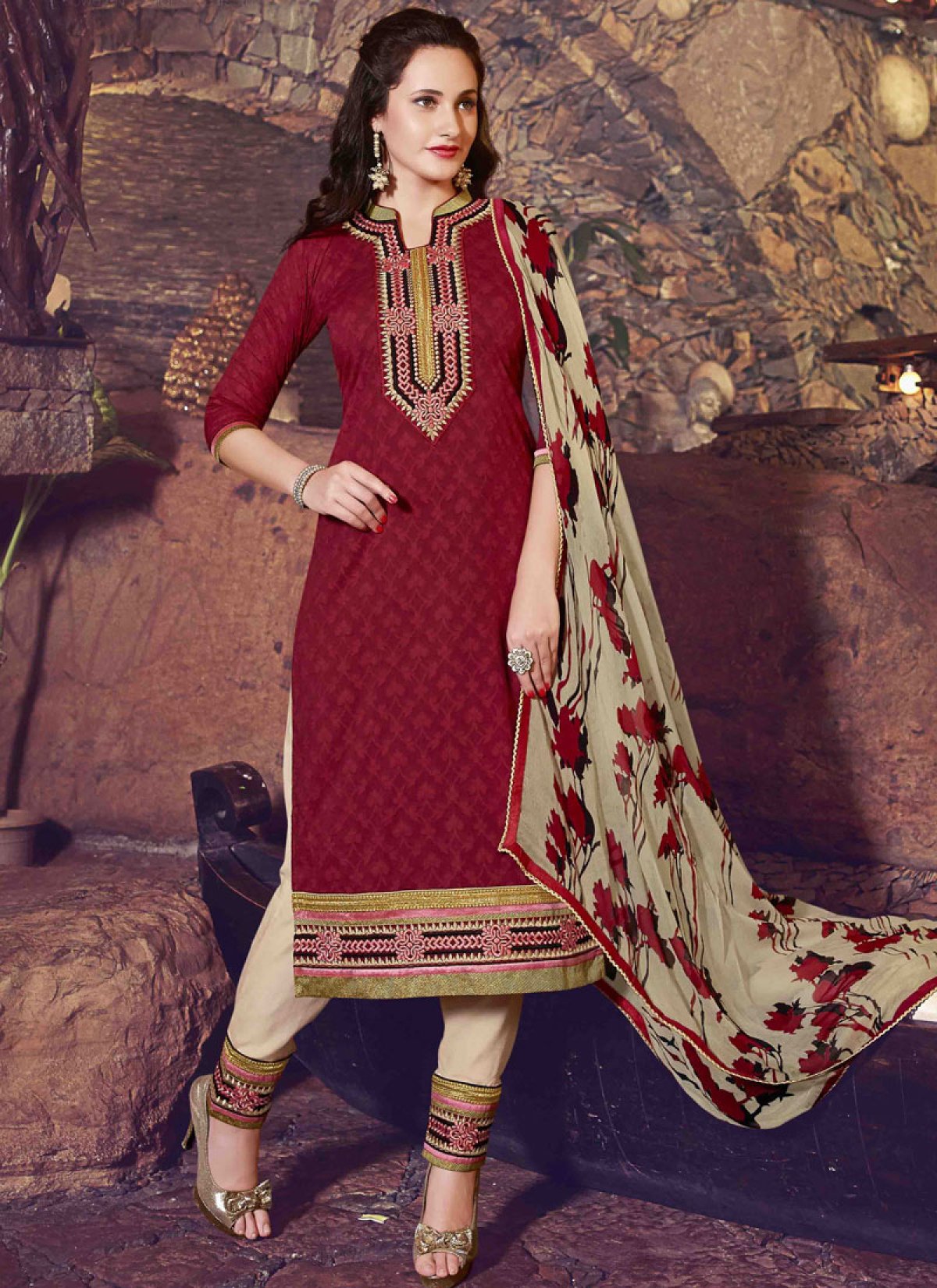 Appealing Maroon And Cream Color Punjabi Salwar Kameez