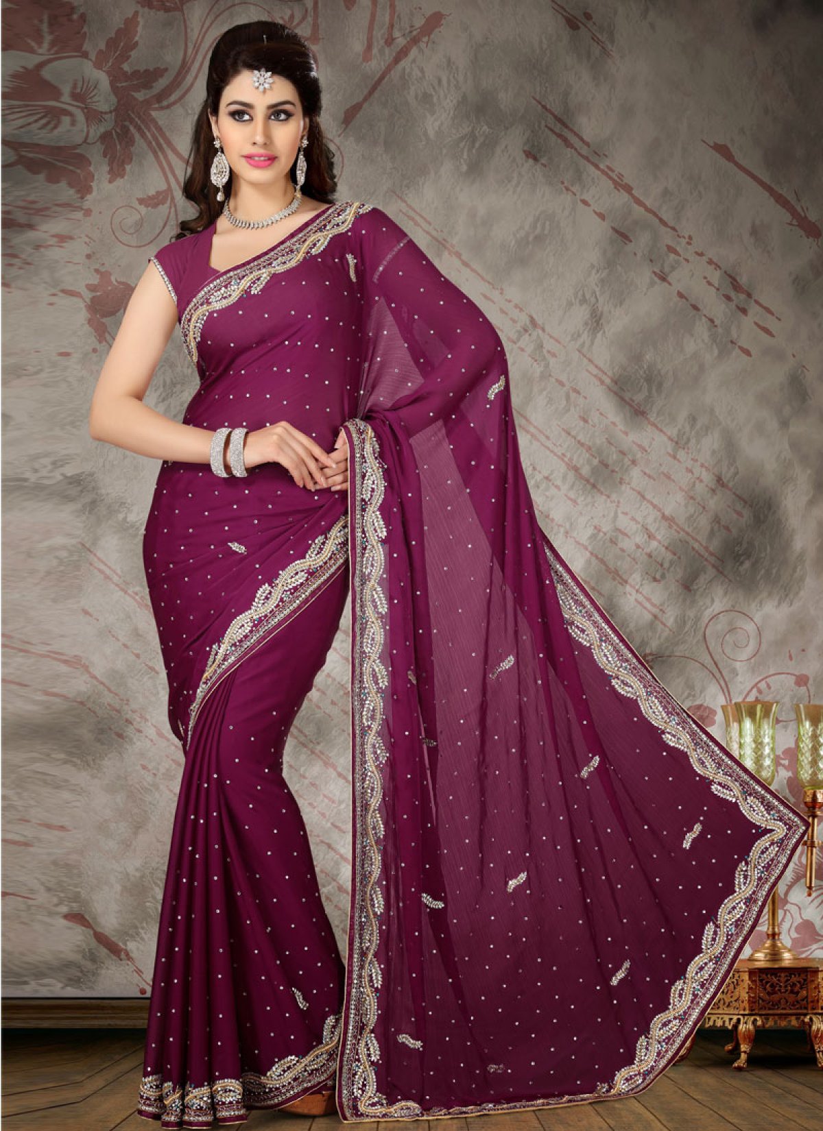 Beautiful Wine Color Patch Work Wedding Saree