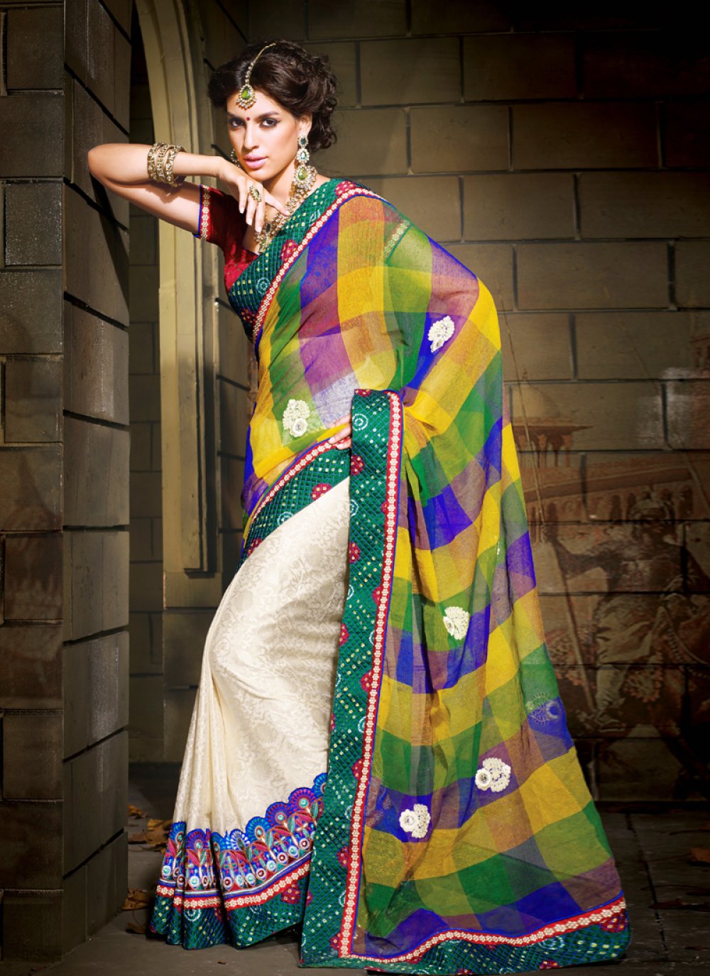 Charismatic Chicken Work And Lace Half N Half Saree