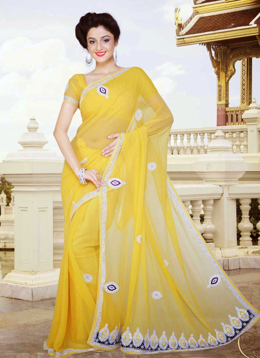 Compelling Yellow Color Beads Work Chiffon Bridal Saree