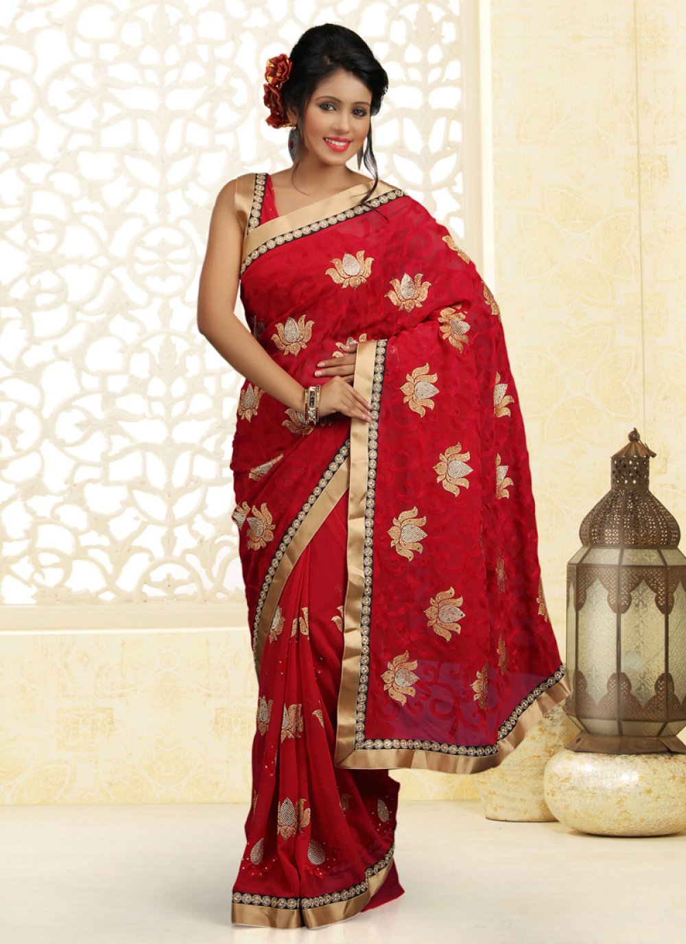 Crimson Color Chicken Work Party Wear Saree