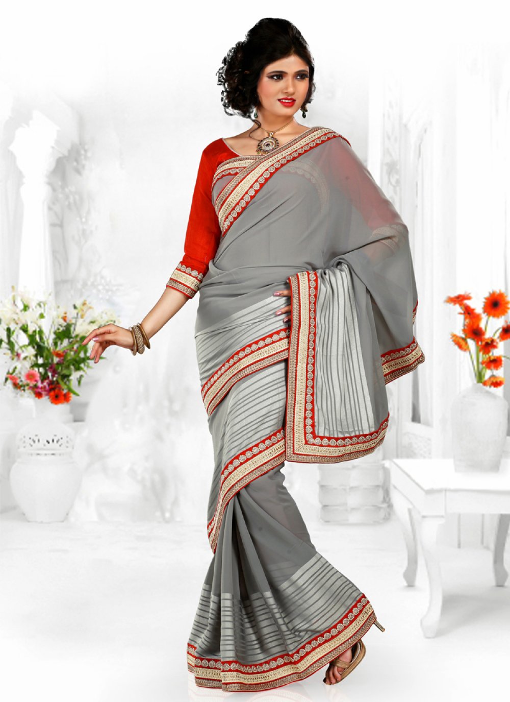 Elegant Gray And Silver Color Party Wear Saree