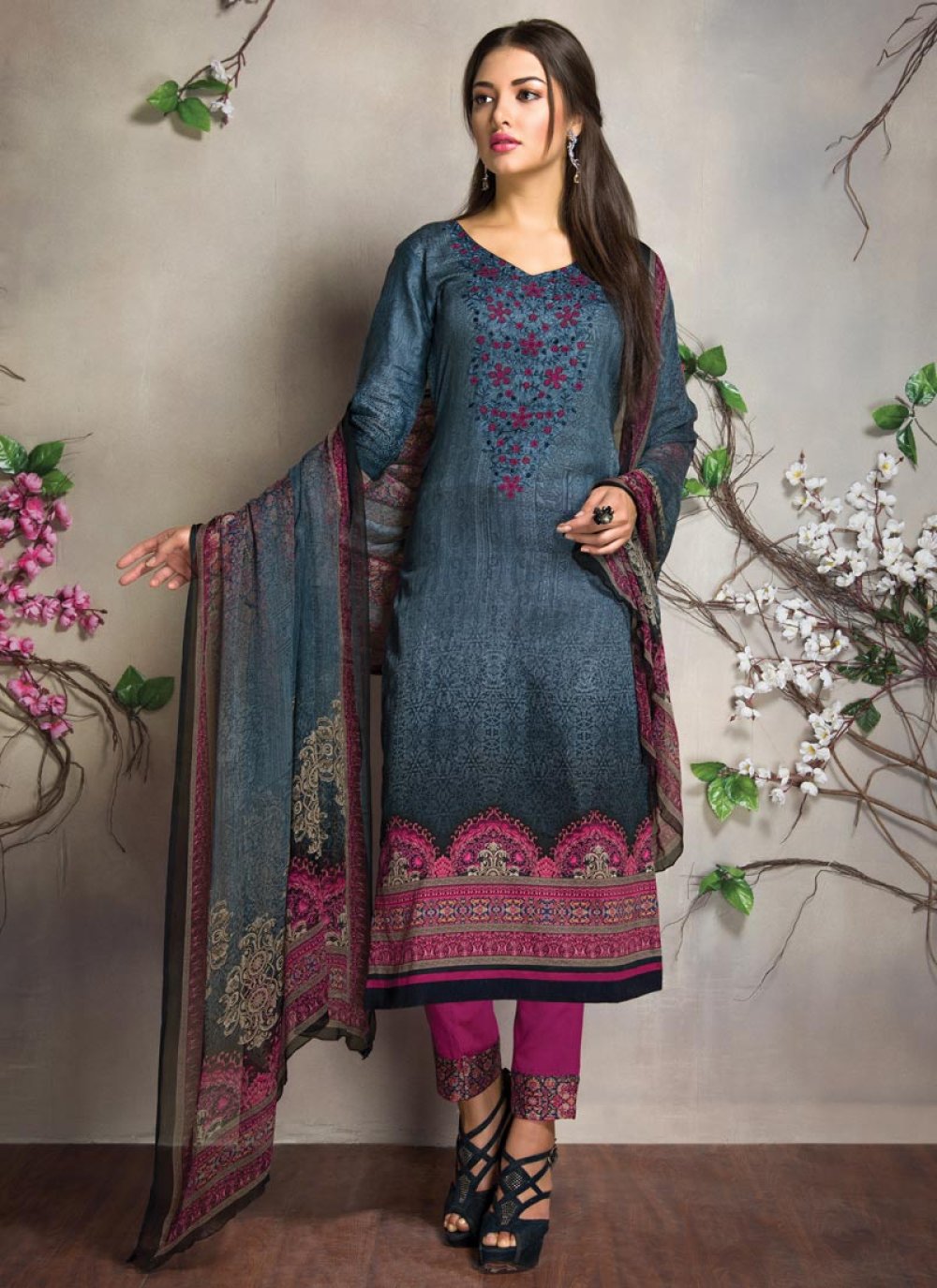 Enchanting Fuchsia and Grey Pant Style Pakistani Salwar Kameez