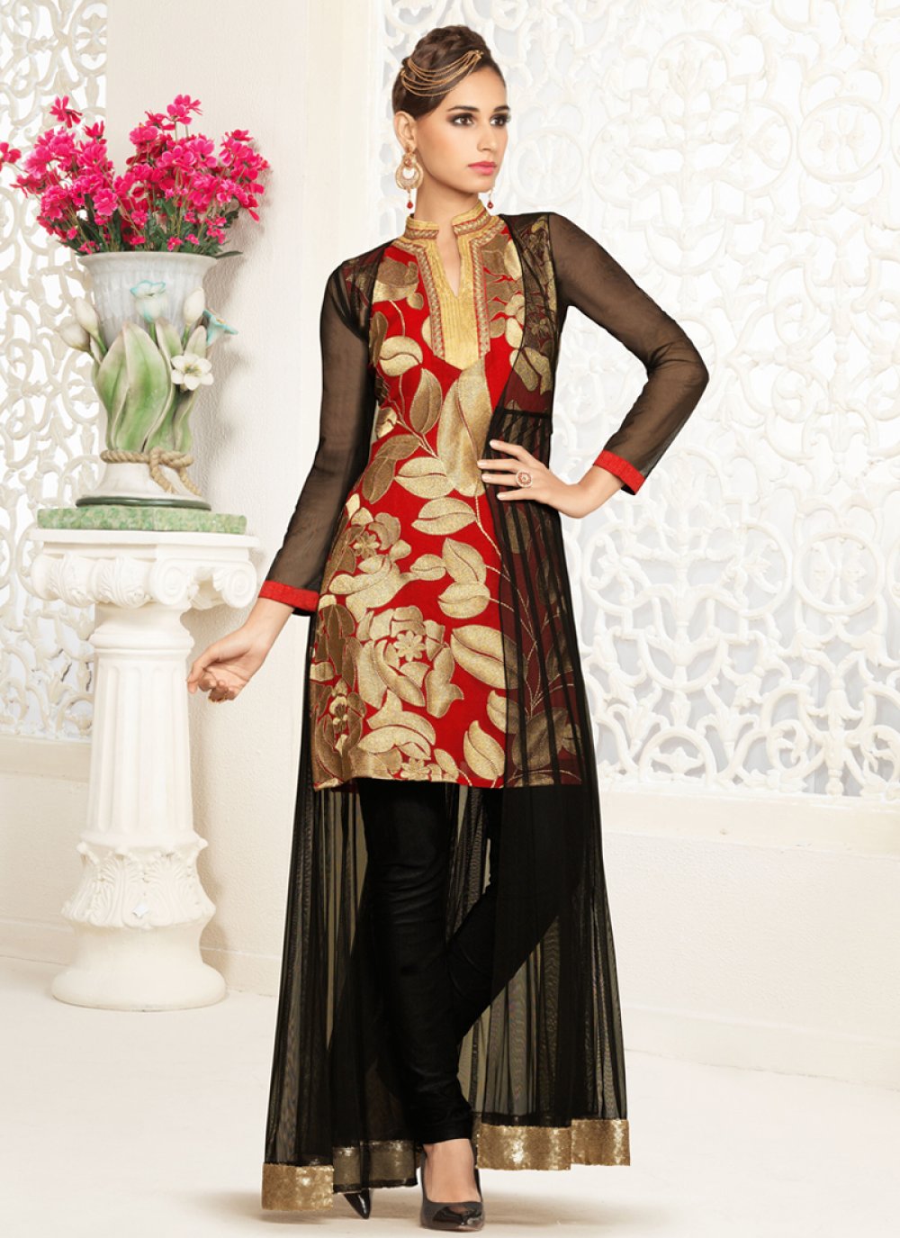 Eye-Catchy Red And Black Color Readymade Designer Suit
