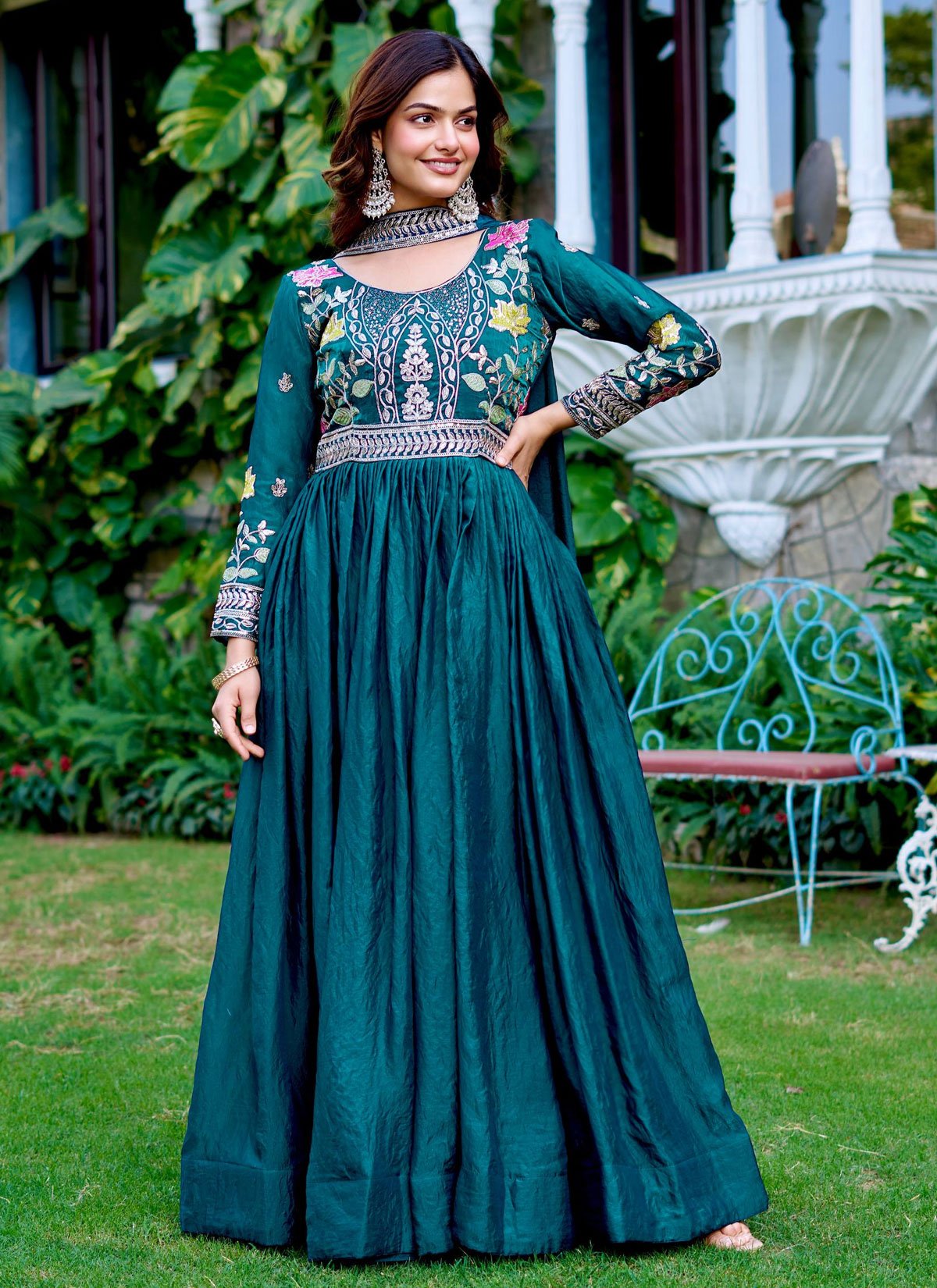 Buy Fancy Fabric Trendy Gown with Embroidered Work for Women in Teal Online