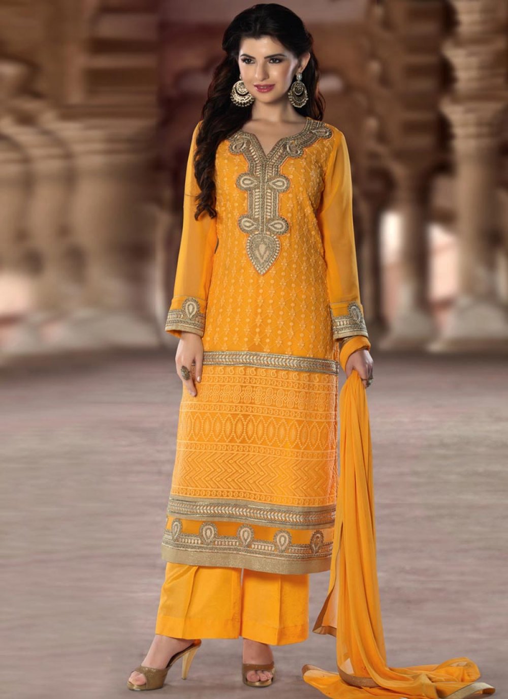 Flawless Mustard Color Palazzo Style Pakistani Suit