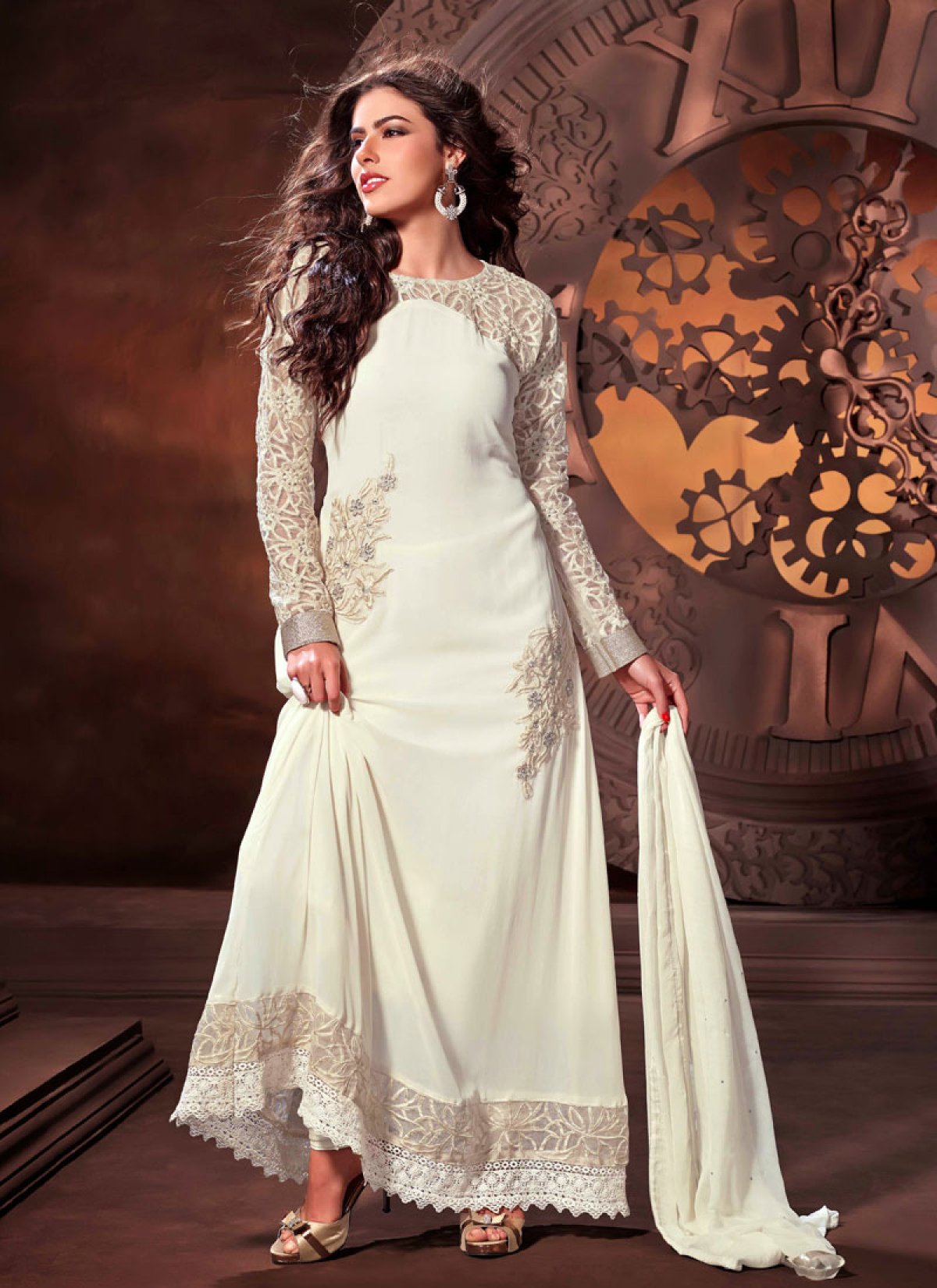 Gleaming Off White Color Floral Work Pakistani Salwar Kameez