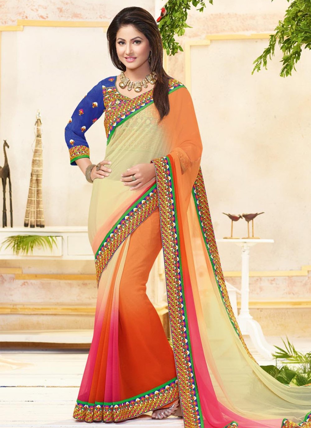 Gorgonize Lace Work Multi Color Hina Khan Party Wear Saree