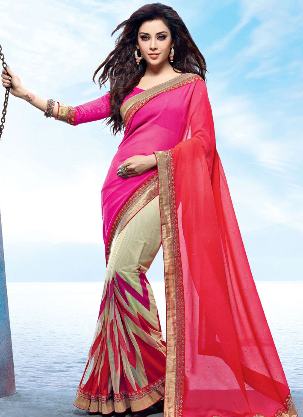 Gorgonize Rose Pink Color Half N Half Designer Saree