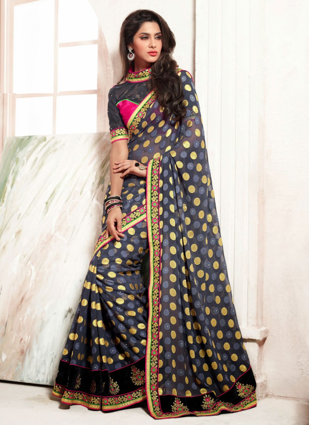 Immaculate Gray Color Multi And Patch Work Party Wear Saree