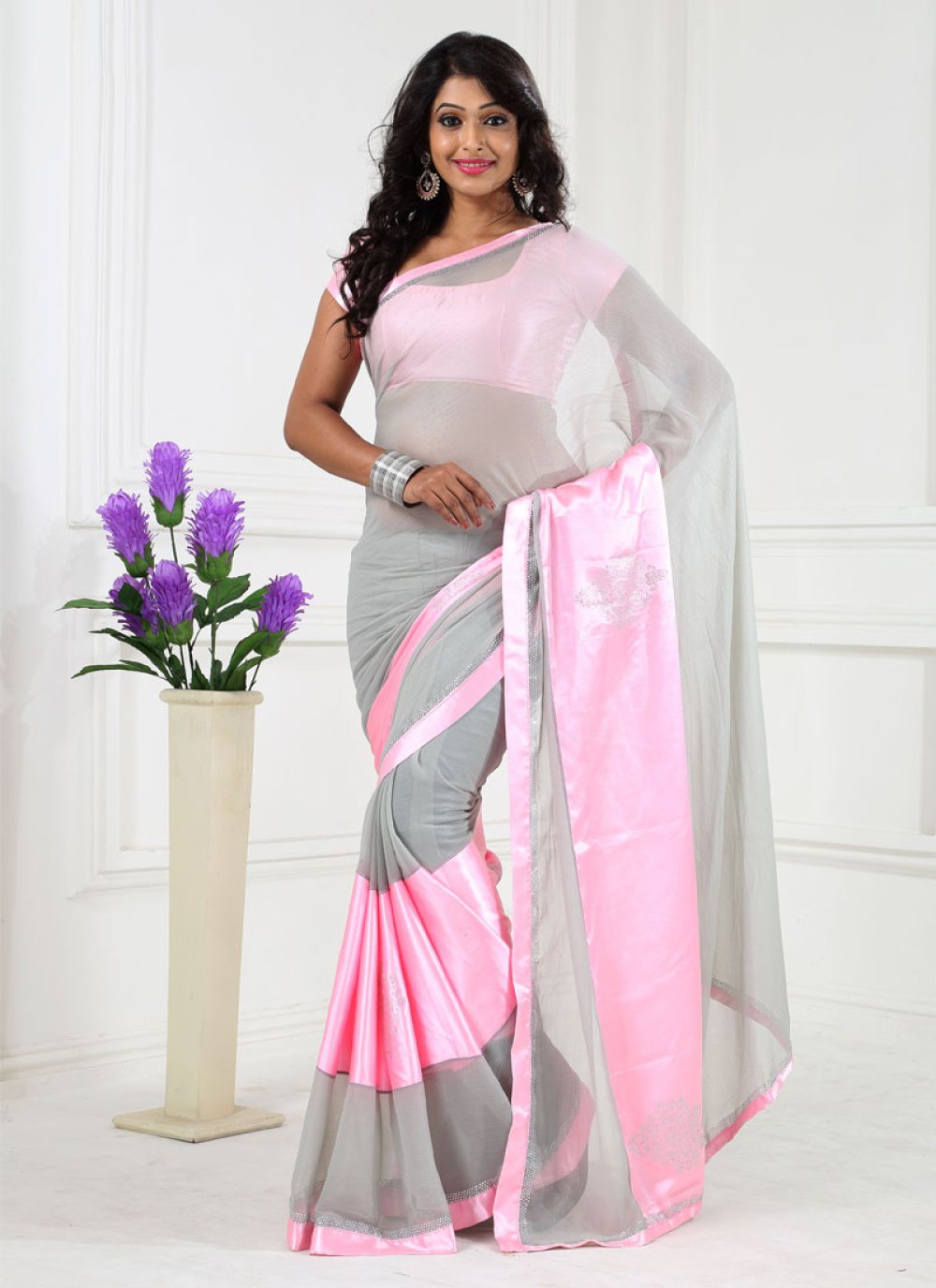 Innovative Silver And Pink Color Designer Saree