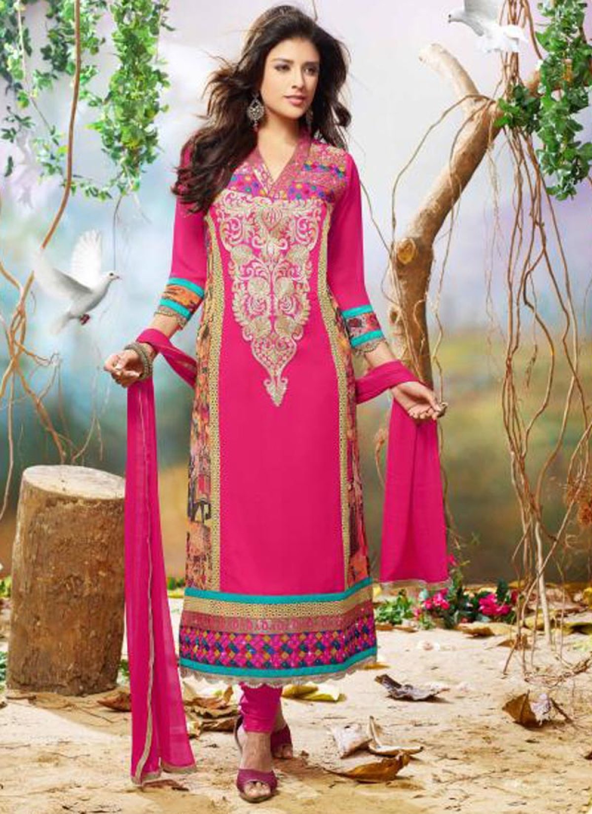 Intriguing Rose Pink Color Resham Work Pakistani Salwar Kameez