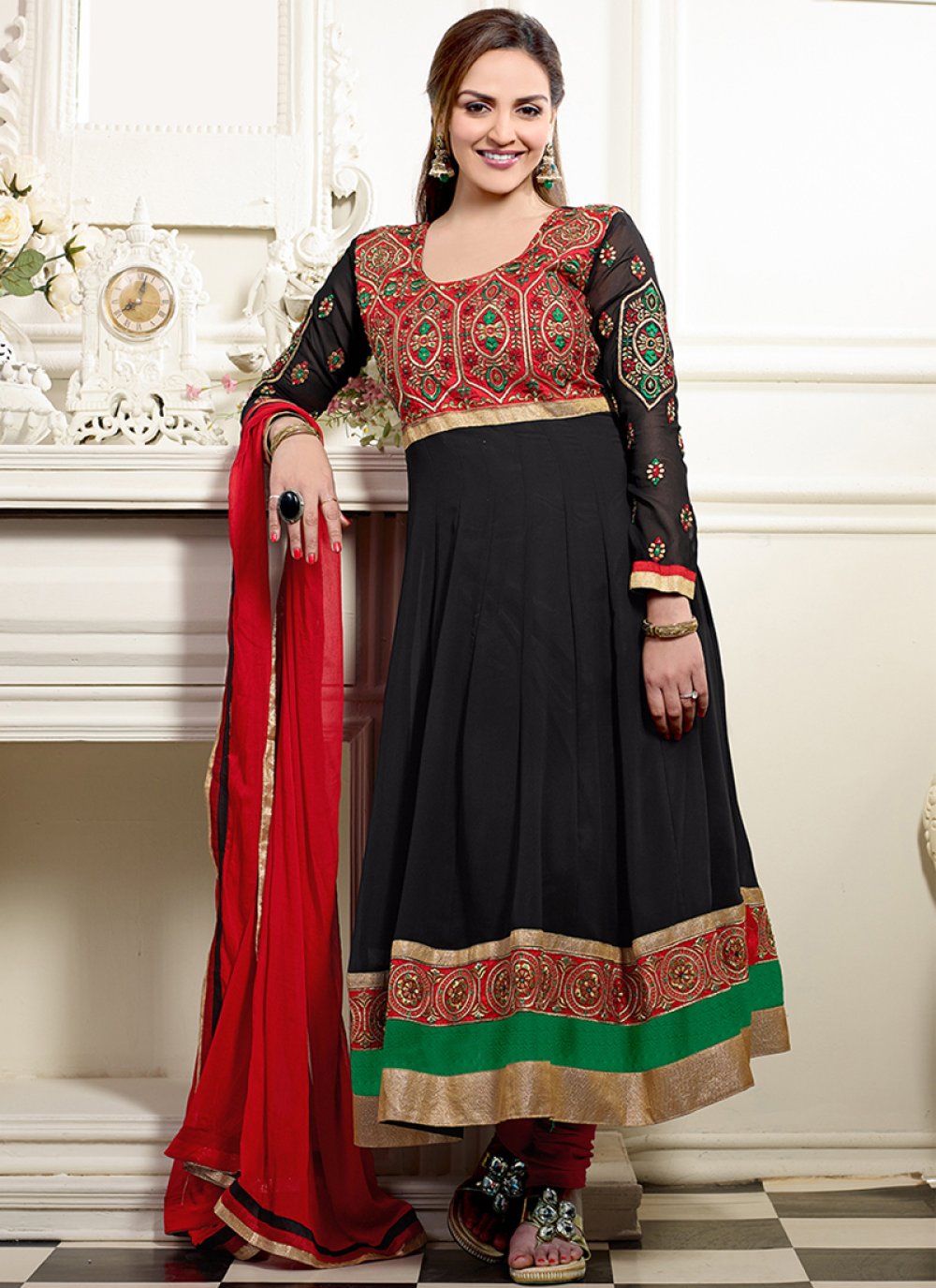 Lurid Esha Deol Black And Red Color Churidar Suit