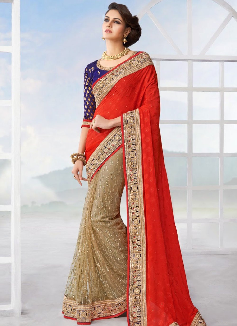 Lurid Red Color Half N Half Wedding Saree