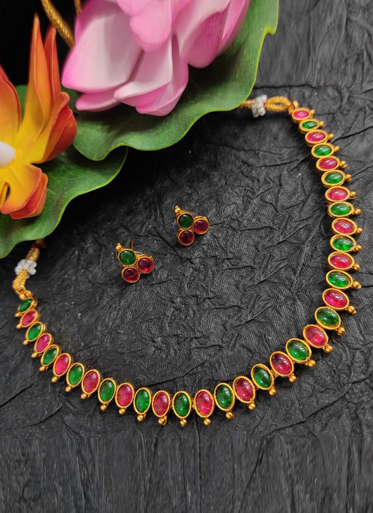 Buy Majestic Alloy Stone Work Green and Rose Pink Gold Rodium Polish ...