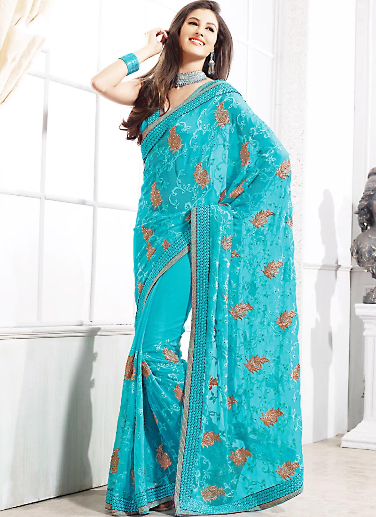 Majesty Turquoise Color Chiffon Saree