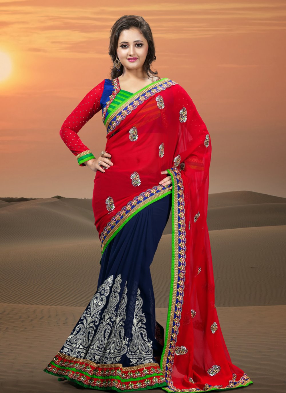 Modest Rashmi Desai Navy Blue And Red Saree