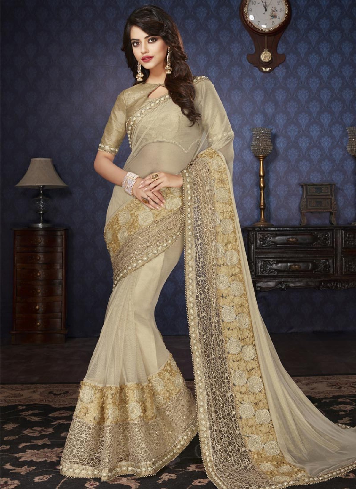 Buy Net Beads Work Traditional Saree Online