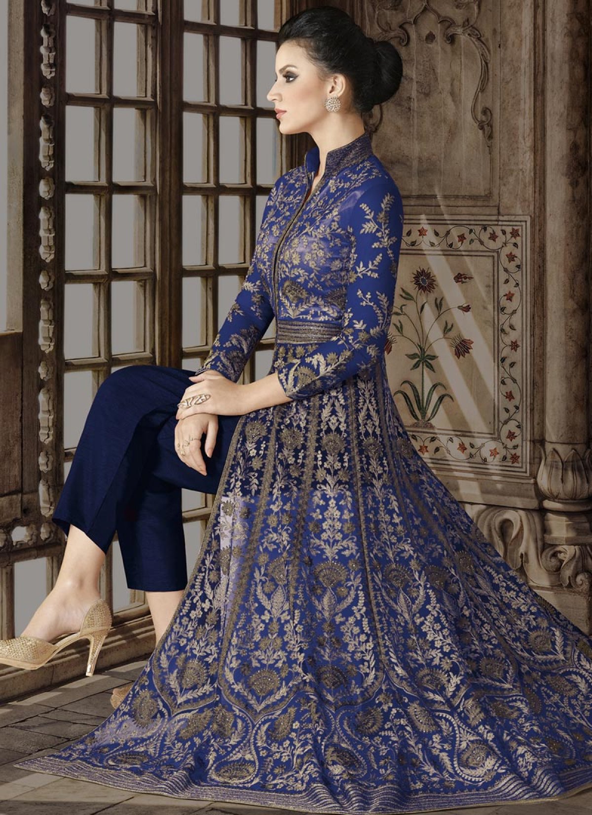 Shop Net Embroidered Work Pant Style Classic Suit Online