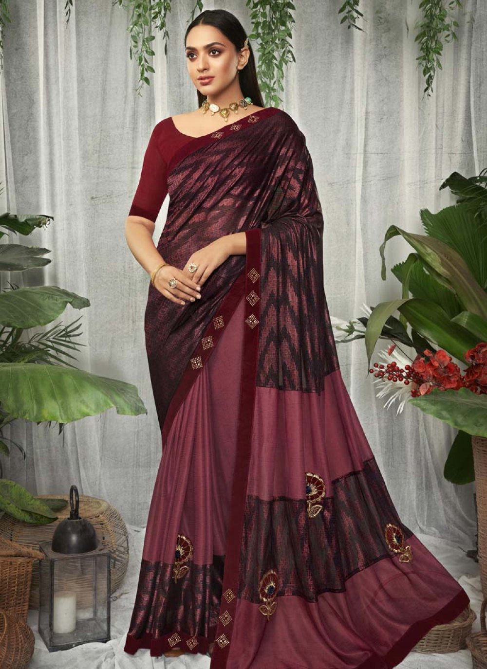 Buy Nylon Silk Half N Half Designer Saree Online