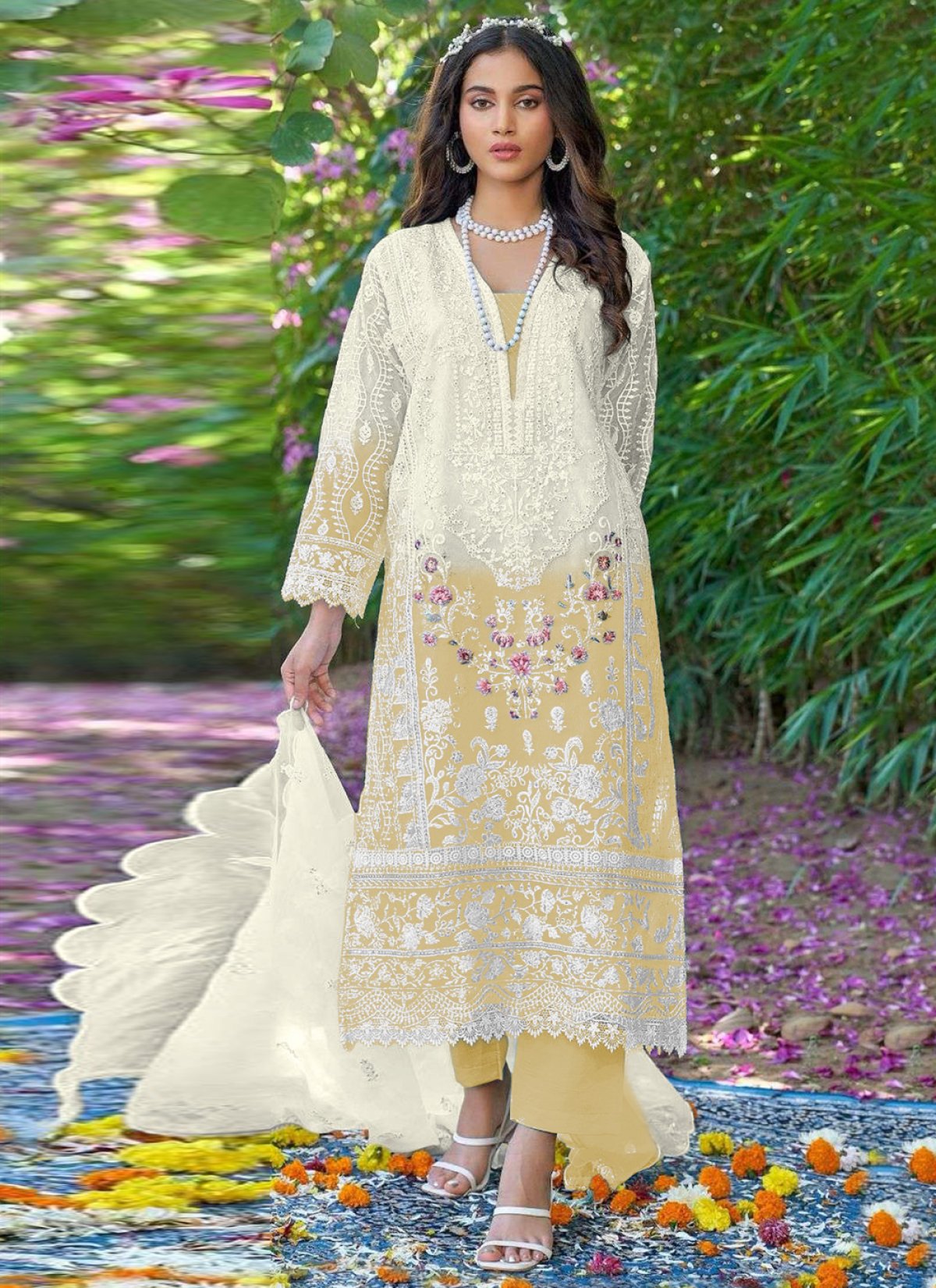 Buy Off White and Yellow Pakistani Straight Salwar Suit For Festival Online