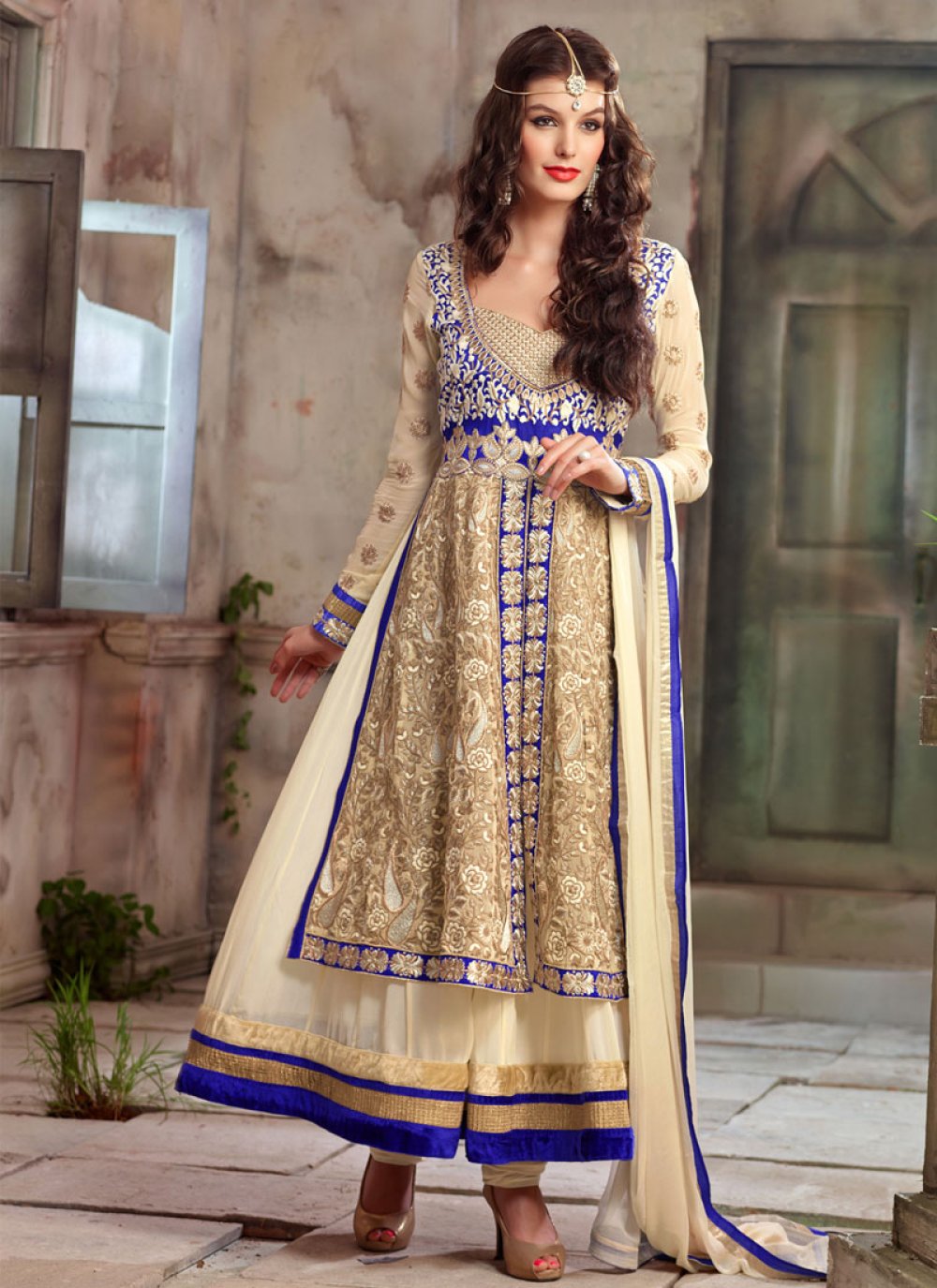 Outstanding Cream And Blue Color Designer Salwar Kameez