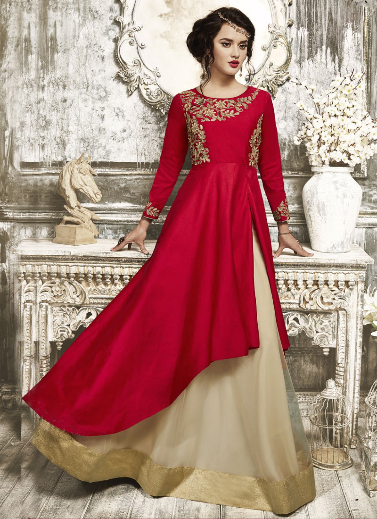 Buy Specialised Cutdana Work Net Cream and Red Designer Kameez Style ...