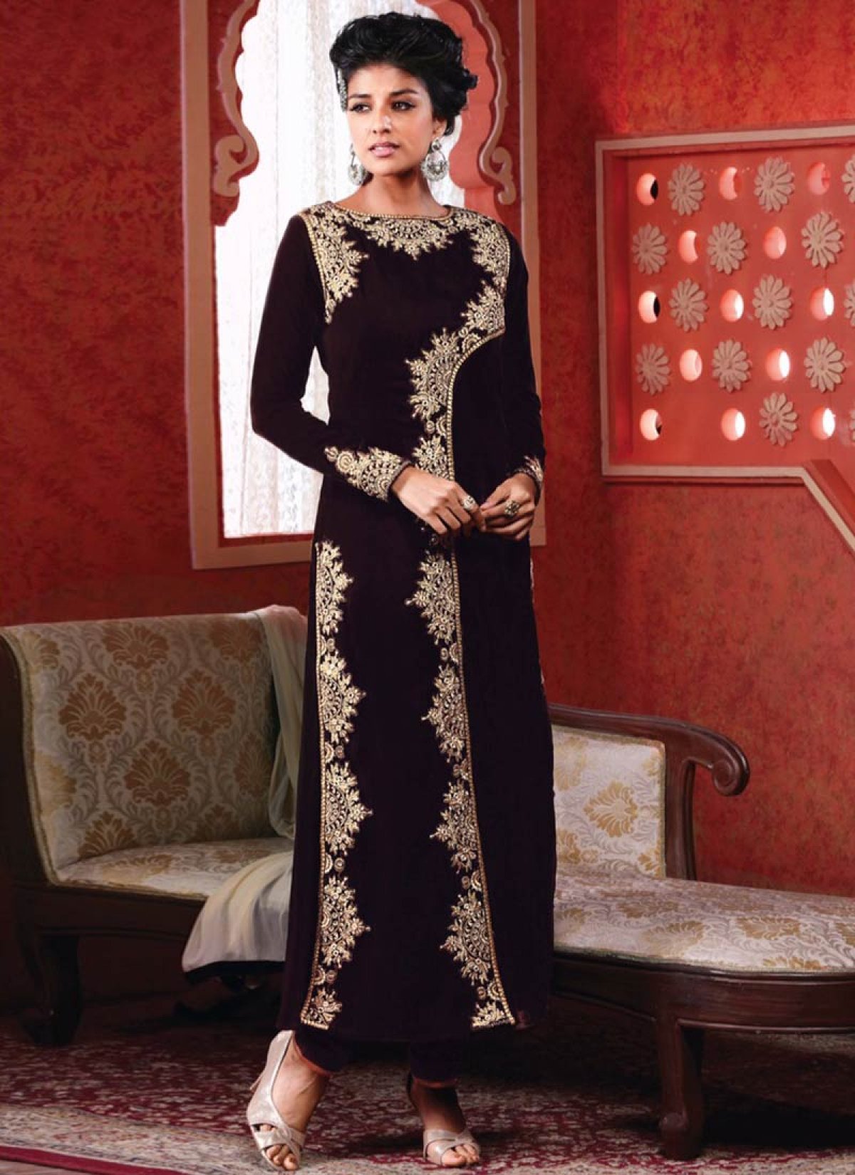 Stupendous Coffee Brown Color Velvet Designer Suit