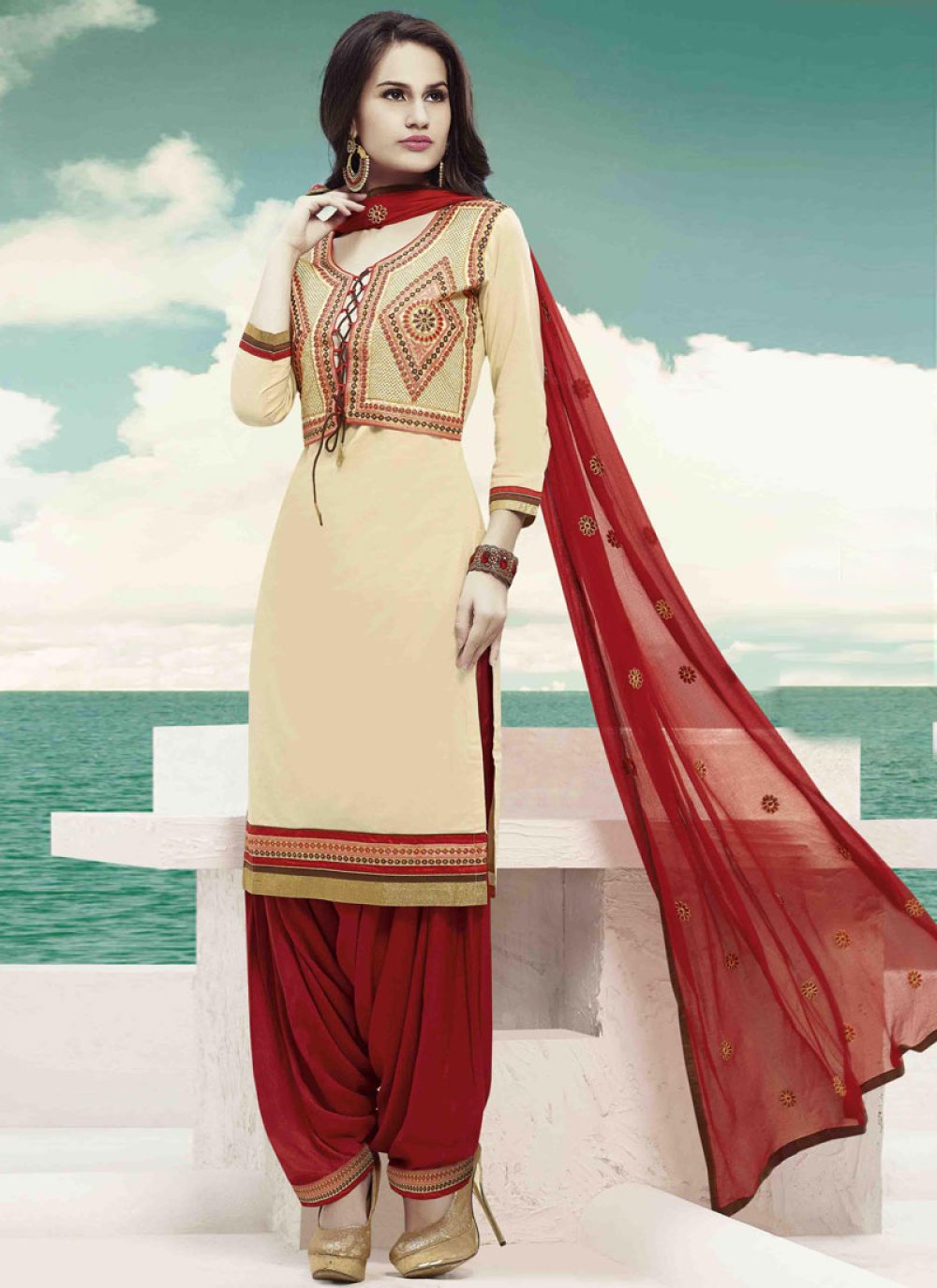 Urbane Cream Color Lace Work Cotton Punjabi Suit