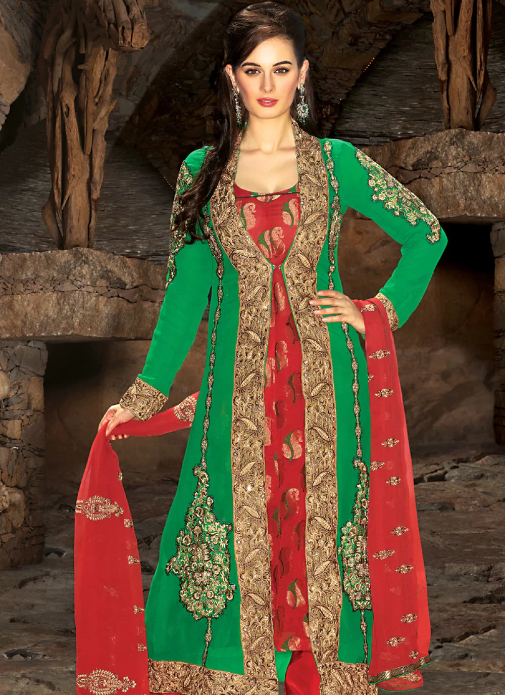Vibrant Green And Red Color Salwar Kameez