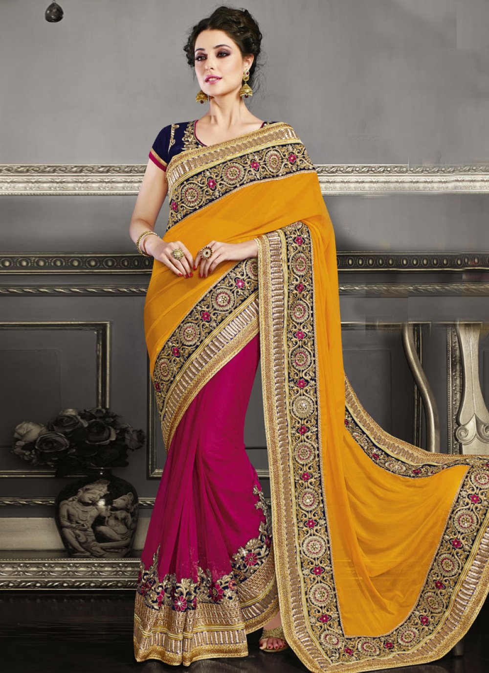 Shop Winsome Lace And Resham Work Half N Half Bridal Saree Online