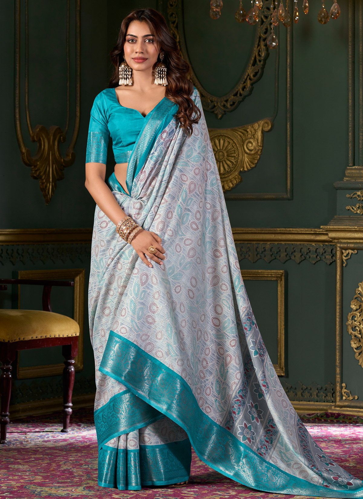 Buy Woven Work Dola Silk Classic Saree in Firozi and Silver Color for ...